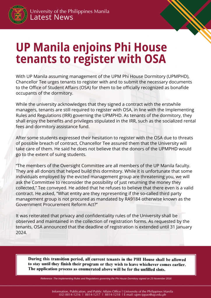 UPM enjoins Phi House tenants to register with OSA – University of the Philippines Manila