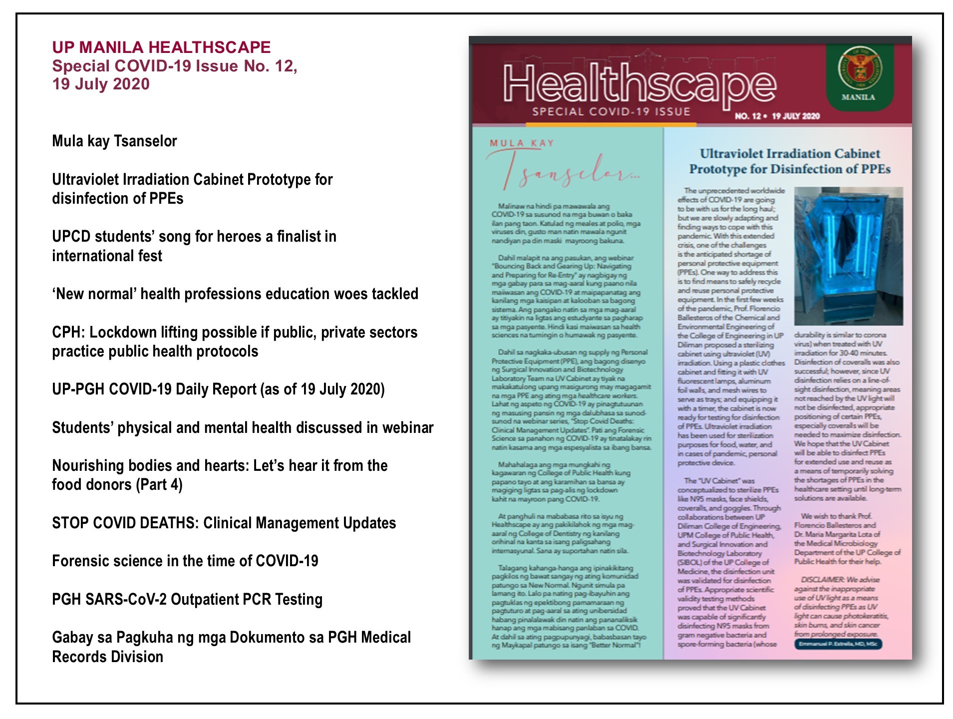 UP Manila Healthscape (Special COVID-19 Issue No. 12, 19 July 2020 ...