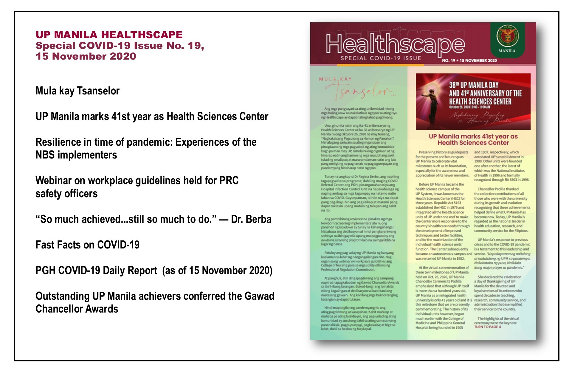 UP Manila Healthscape (Special COVID-19 Issue No. 19, 15 November 2020 ...