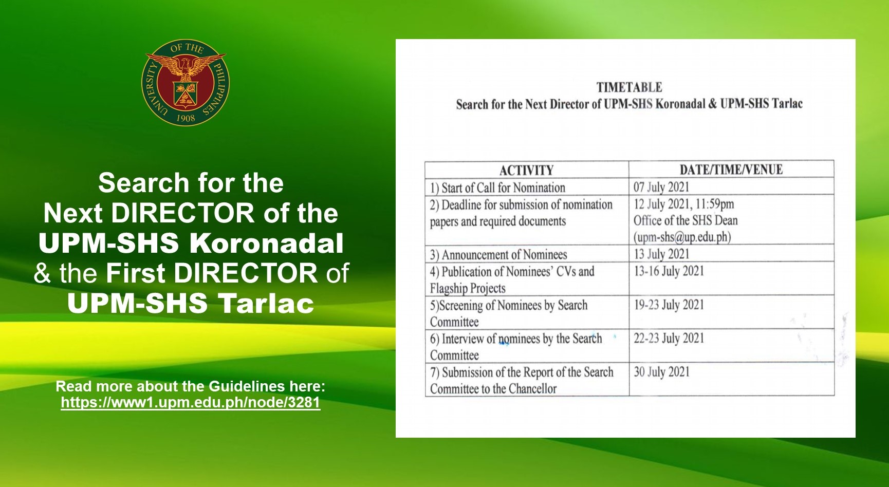 Search for the Next DIRECTOR of the UPM-SHS Koronadal & the First ...