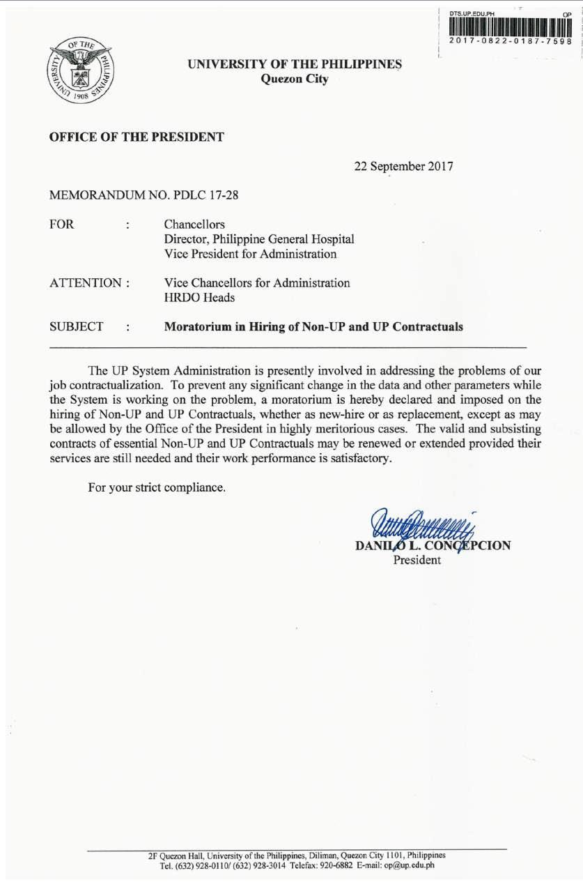 Memo No. PDLC 17-28: Moratorium in Hiring of Non-UP and UP Contractuals ...