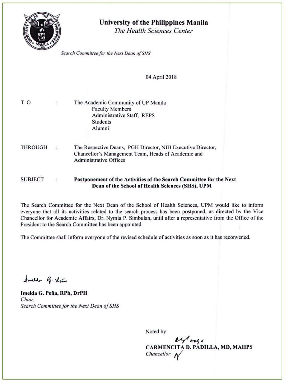 Search for the Next UPM-SHS Dean: Postponement of Activities ...