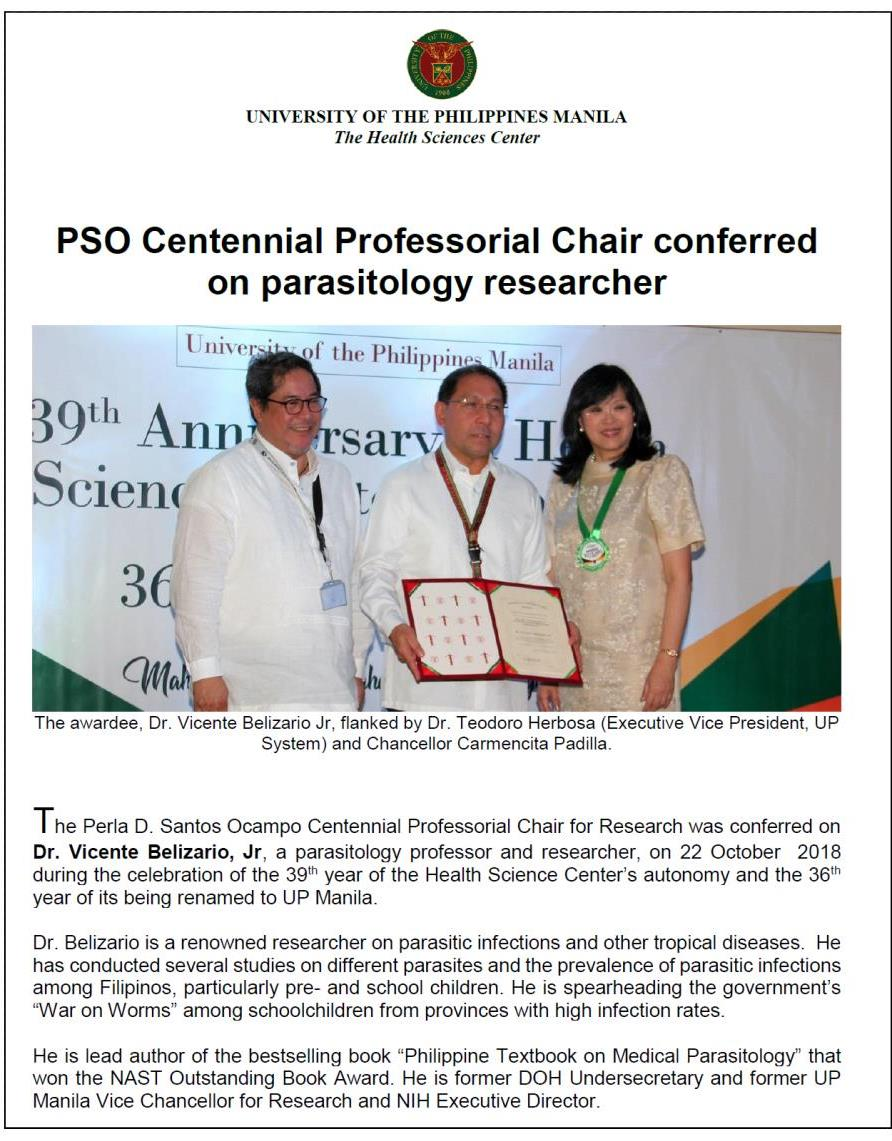 PSO Centennial Professorial Chair conferred on parasitology researcher ...