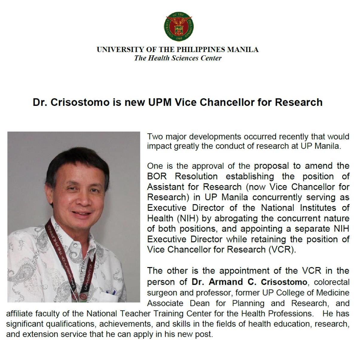 Dr. Crisostomo is new UPM Vice Chancellor for Research - University of ...