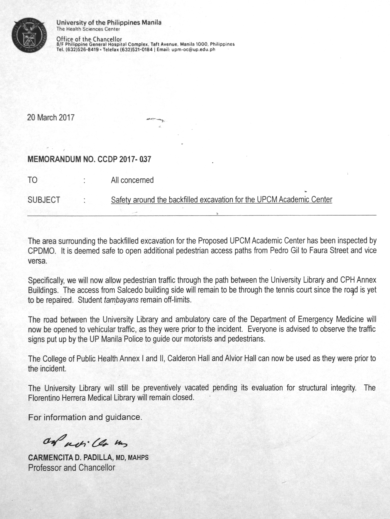 Memo: UPDATE on UPCM Academic Center site (as of 27 March 2017 ...