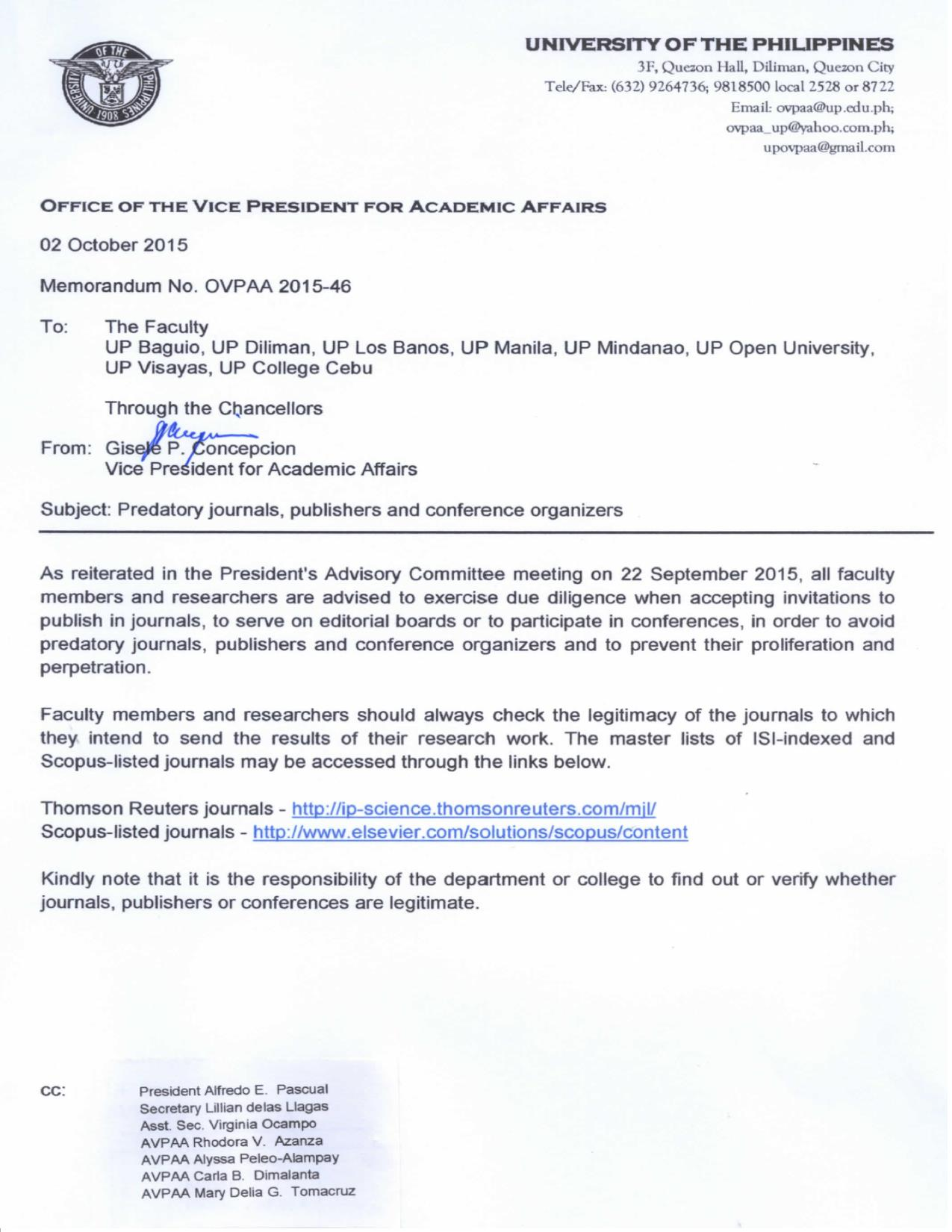 OVPAA Memo 2015-46: “Predatory journals, publishers, and conference ...