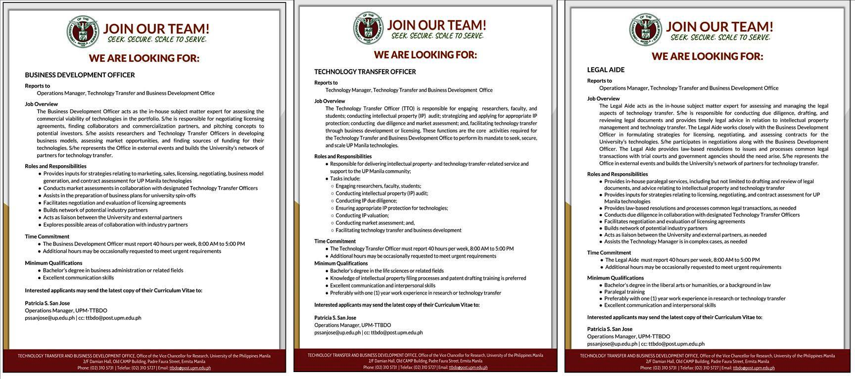 UPM-TTBDO: 3 Job Postings [Updated] - University of the Philippines Manila